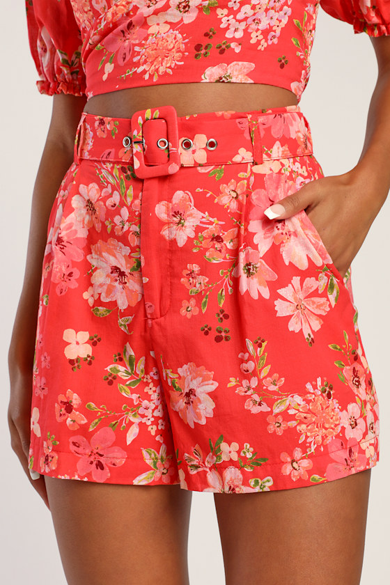 Red Floral Shorts - Belted Shorts - Cute Shorts with Pockets - Lulus