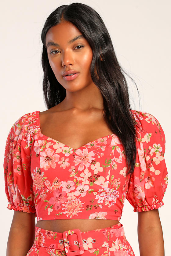 Floral Print Top - Red Floral Crop Top - Puff Sleeve Crop Top - Lulus