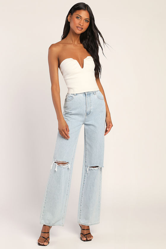 White Strapless Top - Notched Top - White Crop Top - Ribbed Top - Lulus