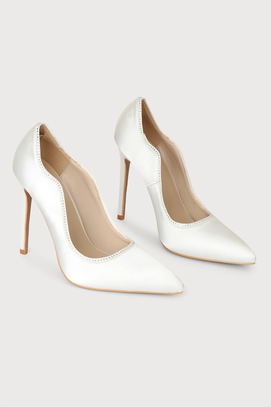 White Pointed-Toe Pumps - Rhinestone Pumps - Satin High Heels - Lulus