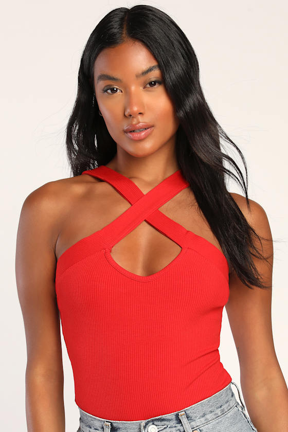 Red Bodysuit - Ribbed Knit Bodysuit - Halter Bodysuit - Lulus