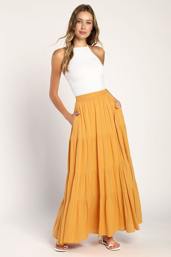 Mustard Maxi Skirt Tiered Maxi Skirt Embroidered Skirt Lulus
