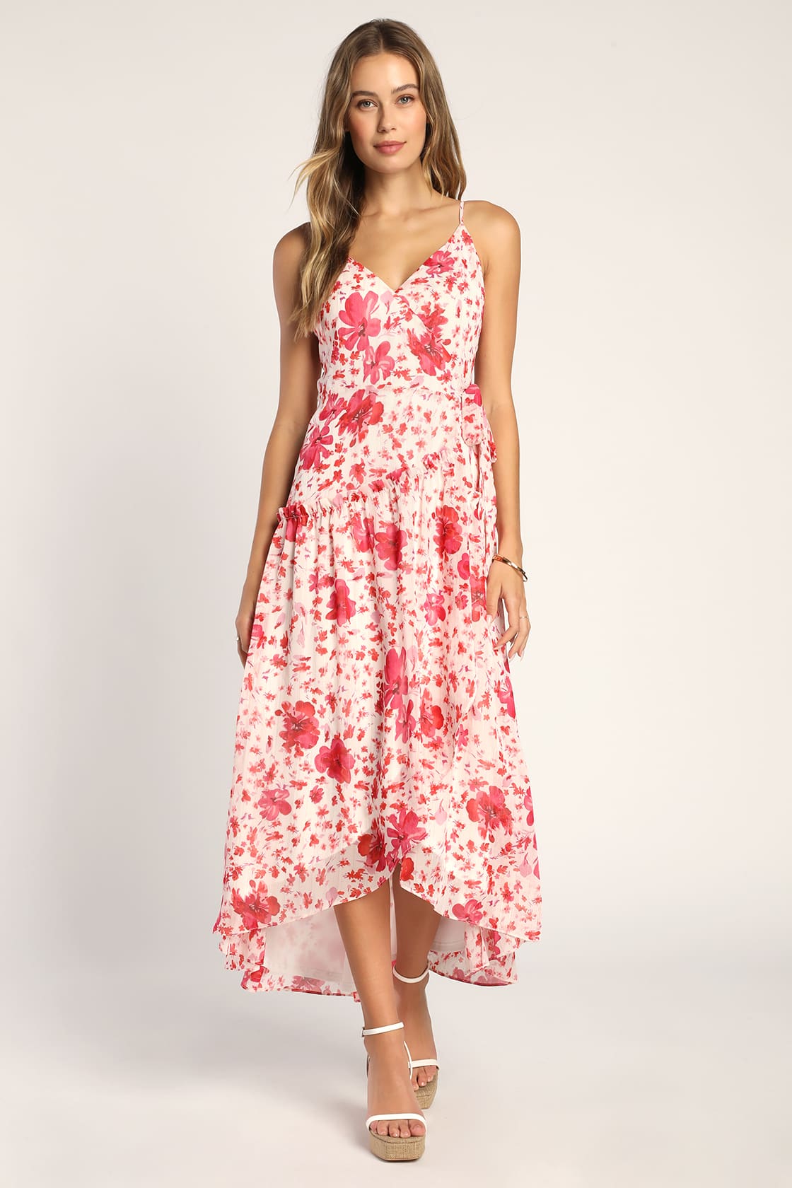 Cream Floral Maxi Dress - Ruffled Wrap Dress - Chiffon Dress - Lulus