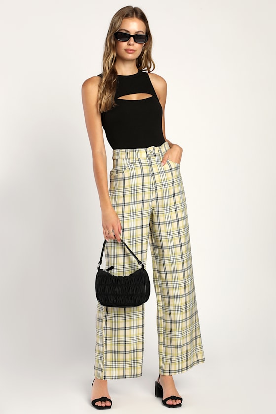 Cream Plaid Trousers - Wide-Leg Trousers - Plaid Trouser Pants - Lulus