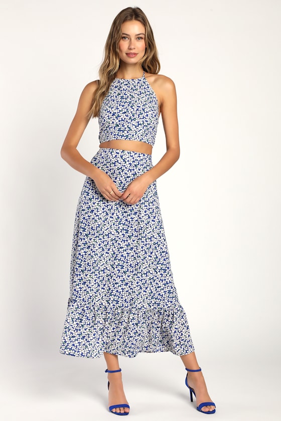 Floral Two-Piece Dress - Blue Midi Dress - Halter Midi Dress - Lulus