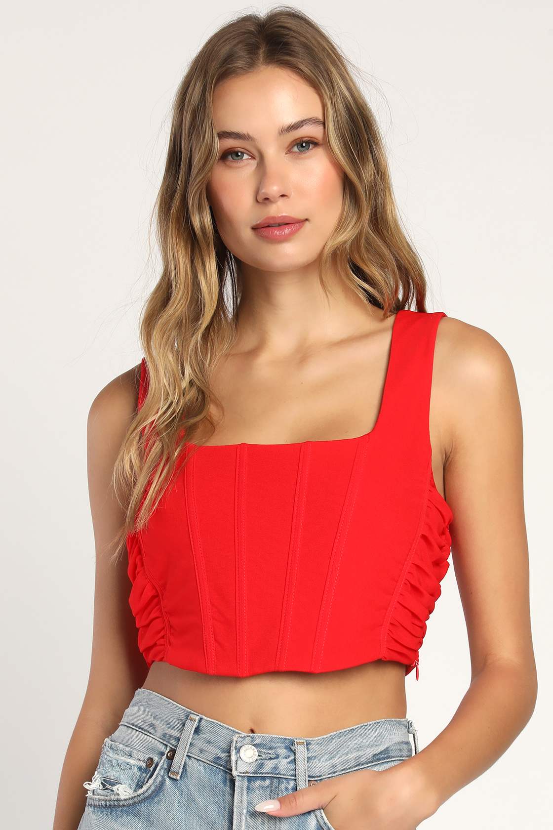 Red Corset Top - Red Crop Top - Mesh Top - Ruched Top - Lulus
