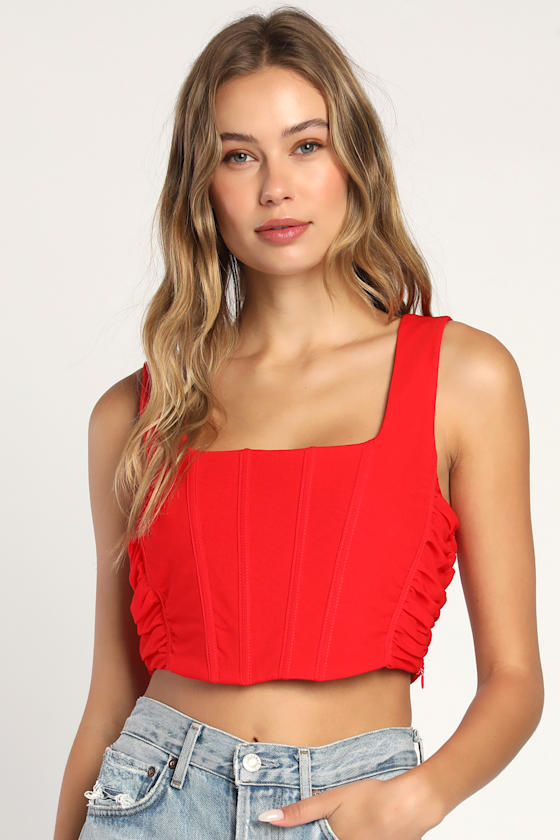 Red Corset Top - Red Crop Top - Mesh Top - Ruched Top - Lulus