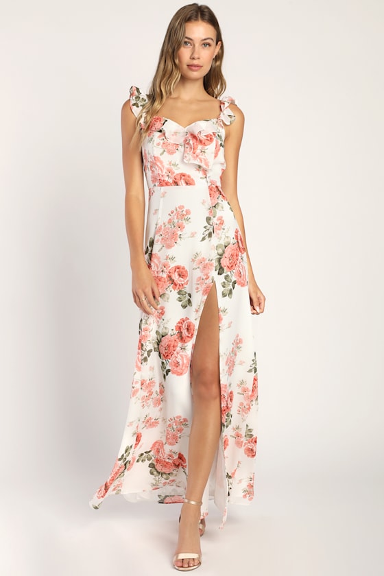White Floral Print Ruffled Sleeveless Maxi Dress - Lulus