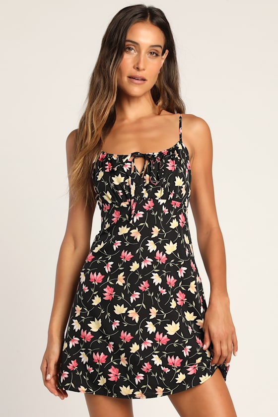 Black A-Line Dress - Empire Waist Dress - Floral Mini Dress - Lulus