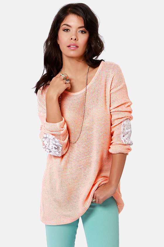Cute Peach Sweater - Sequin Sweater - Elbow Patch Sweater - $52.00 - Lulus