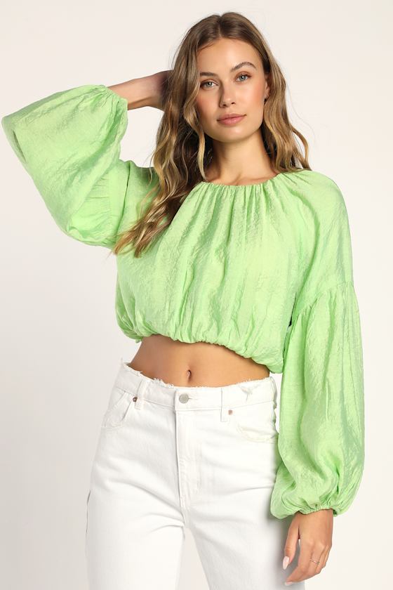 Green Long Sleeve Top - Balloon Sleeve Crop Top - Women's Tops - Lulus