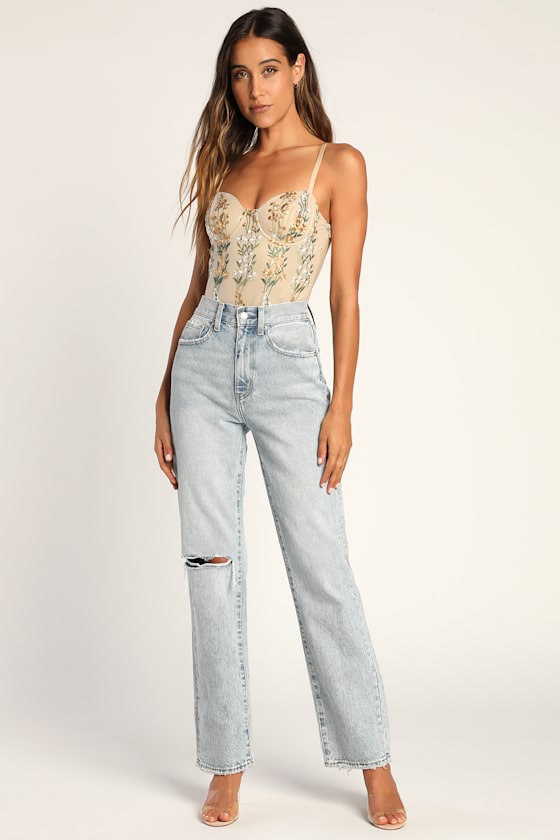 Beige Embroidered Bodysuit - Bustier Bodysuit - Floral Bodysuit - Lulus