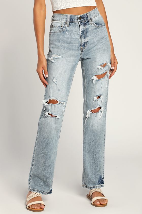 Light Wash Dad Jeans - High Rise Jeans - Distressed Dad Jeans - Lulus