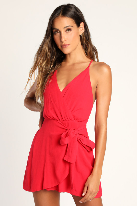 Red Romper Faux Wrap Romper Skirt Romper Lulus