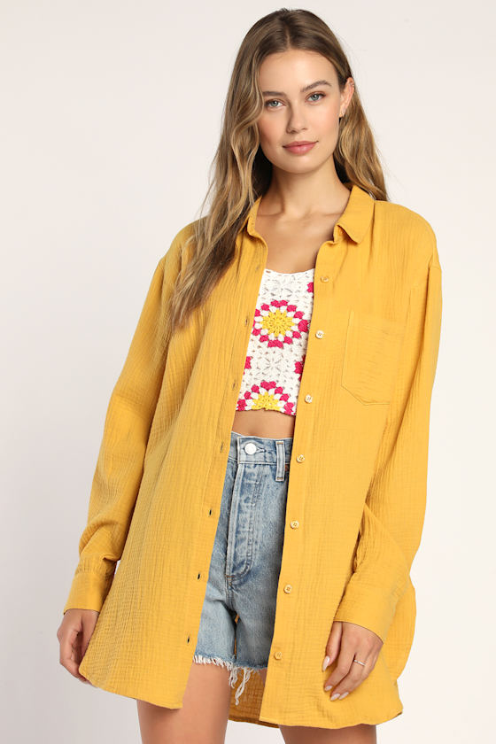Yellow Long Sleeve Top - Oversized Top - Button-Up Top - Lulus