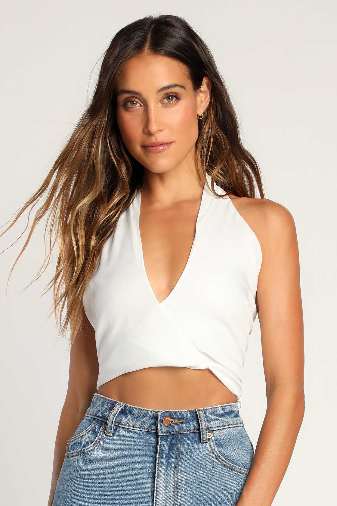 White Cross-Front Top - Ruched Halter Top - Cropped Halter Top - Lulus