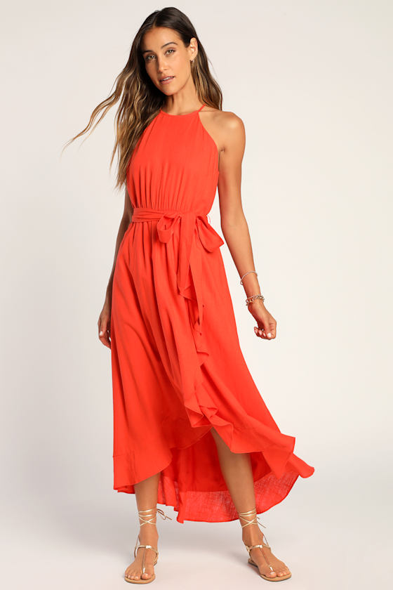Orange Faux-Wrap Dress - Ruffled Dress - Midi Dress - Lulus