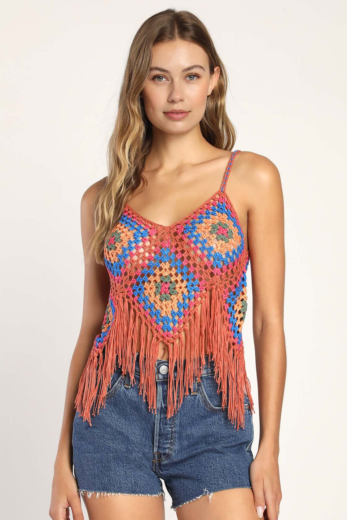 Rust Multi Crochet Top - Fringed Tank Top - Sheer Crochet Top - Lulus