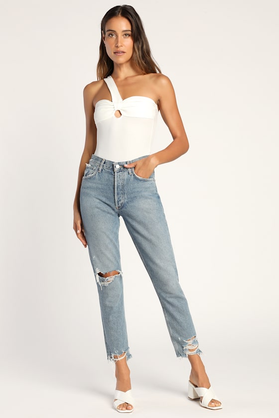 White Bodysuit - Ribbed Cutout Bodysuit - One-Shoulder Top - Lulus