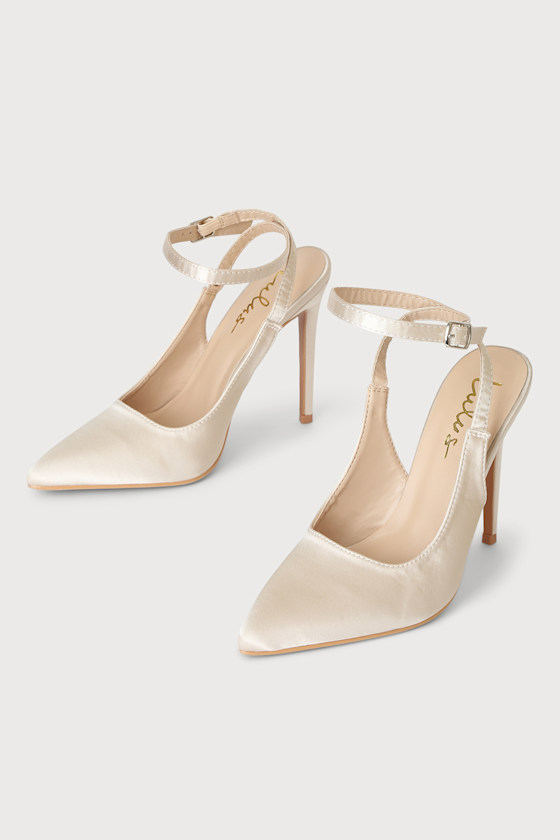 Ivory Satin High Heels - Ankle Strap Pumps - Pointed-Toe Heels - Lulus