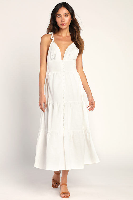 White Midi Dress Tie Strap Dress Cute Tiered Midi Dress Lulus