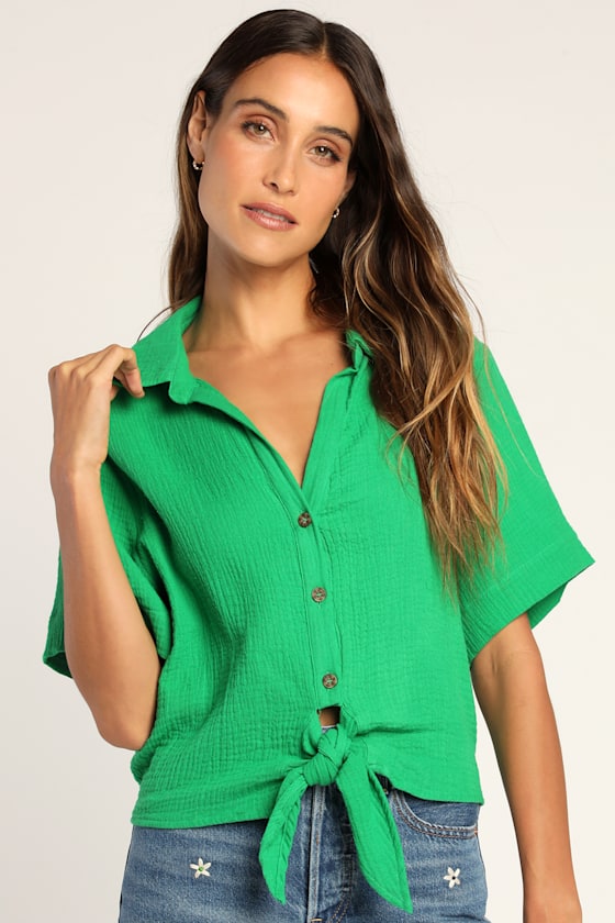 Green Button Up - Tie Front Button-Up - Slightly Cropped Blouse - Lulus