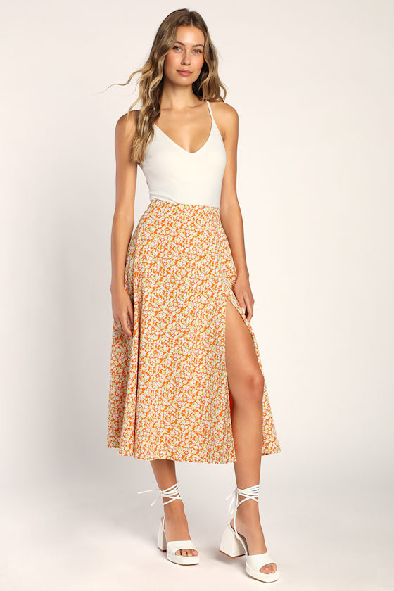 Orange Floral Skirt - A-line Midi Skirt - Midi Skirt with Slit - Lulus