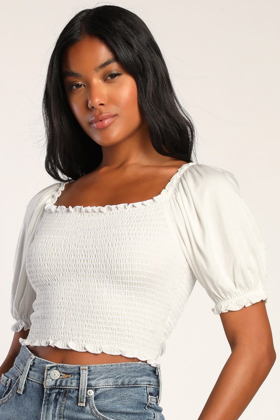 White Smocked Top Puff Sleeve Top Cute Smocked Crop Top Lulus