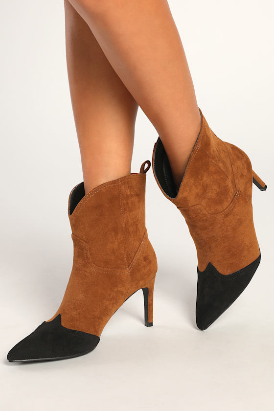 Brown Color Block Booties - Heeled Booties - Silp-On Booties - Lulus