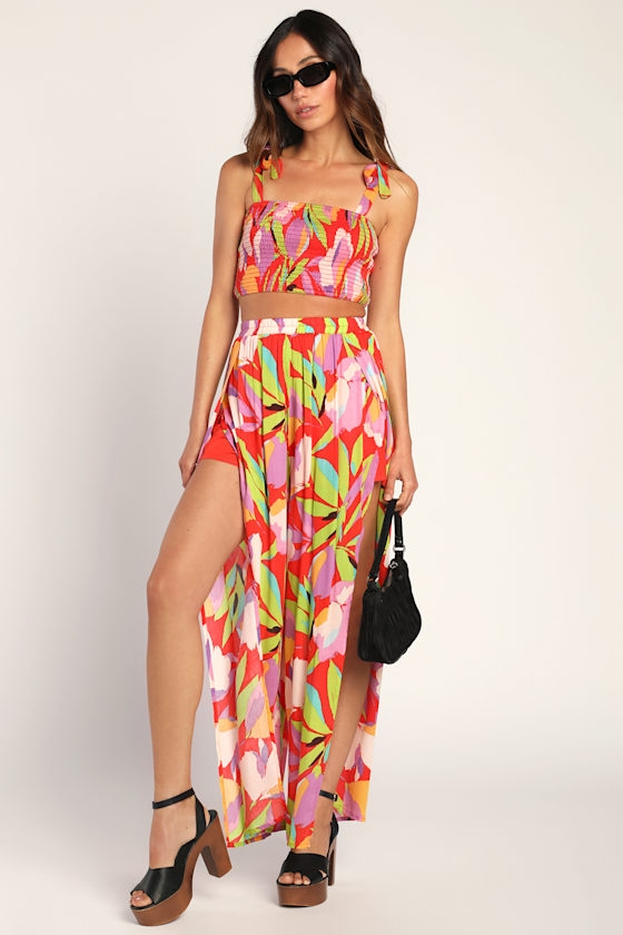 Red Multi Print Pants - Flyaway Pants - Wide-Leg Pants - Lulus