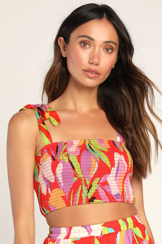 Red Multi Print Top - Tie-Strap Top - Smocked Crop Top - Lulus