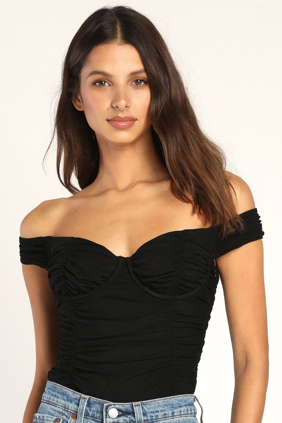 Black Bodysuit Ruched Mesh Bodysuit Ots Bodysuit Lulus