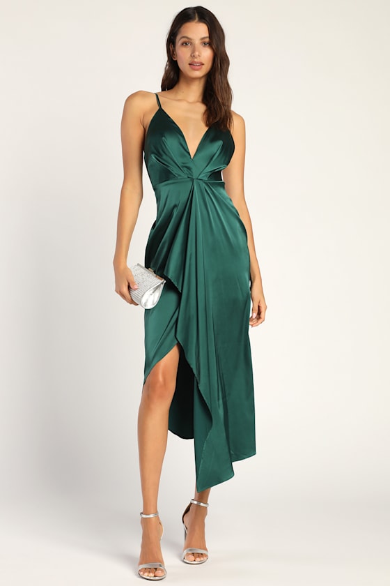 Emerald Green Midi Dress - Satin Midi Dress - Ruffled Midi Dress - Lulus