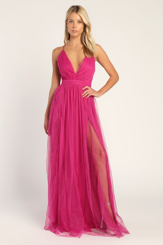 Sexy Magenta Maxi Dress Tulle Maxi Dress Leg Slit Maxi Dress Lulus