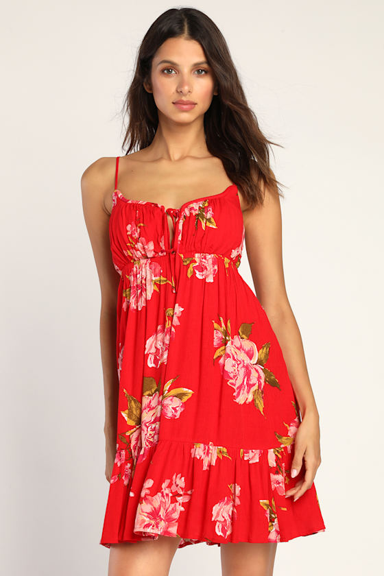 Red Floral Print Dress - Ruffled Mini Dress - Tie-Front Dress - Lulus
