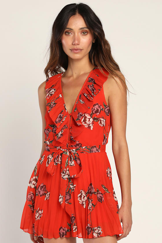 Orange Sleeveless Romper - Floral Romper - Ruffle Sleeve Romper - Lulus