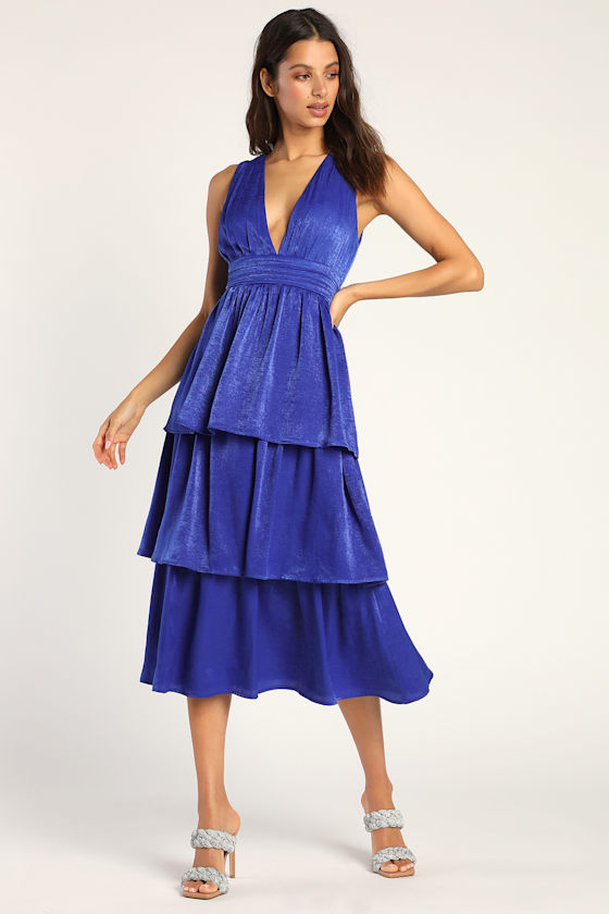 Cobalt Blue Dress - Satin Midi Dress - Tie-Back Tiered Dress - Lulus