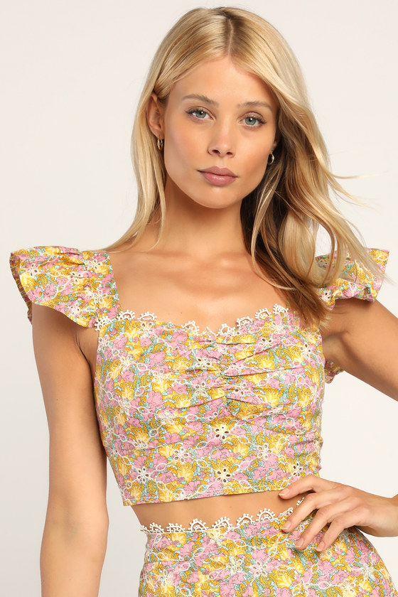 Floral Print Top Eyelet Top Ruffled Top Yellow Floral Top Lulus