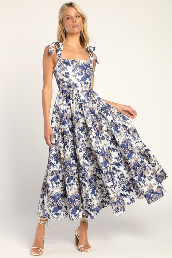 White Floral Dress Tie Strap Maxi Dress Tiered Maxi Dress Lulus