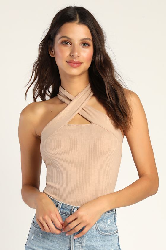 Tan Ribbed Top - Cross-Front Sleeveless Top - Cross Front Tank - Lulus