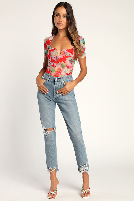 Red Floral Print Bodysuit - Notched Bodysuit - Women's Tops - Lulus