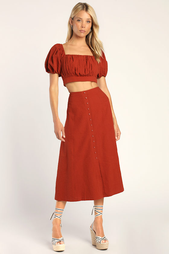 Rust Brown Midi Skirt - Button-Up Midi Skirt - A-Line Midi Skirt - Lulus