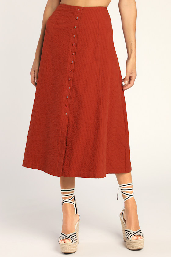 Rust Brown Midi Skirt - Button-Up Midi Skirt - A-Line Midi Skirt - Lulus