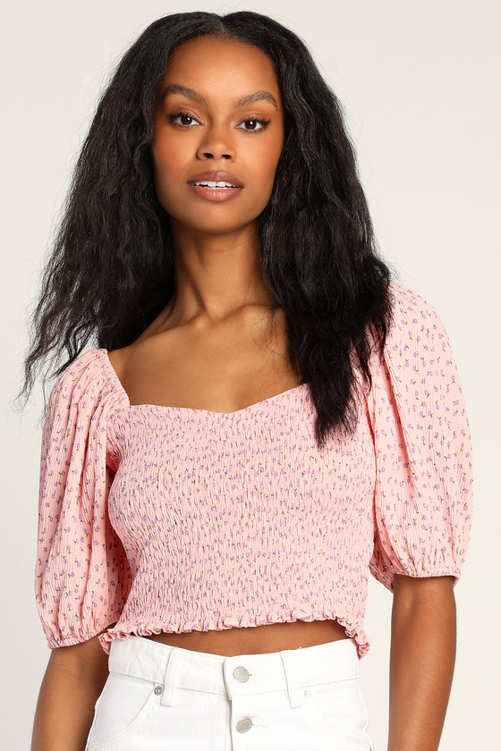 Light Pink Crop Top Smocked Crop Top Puff Sleeve Crop Top Lulus