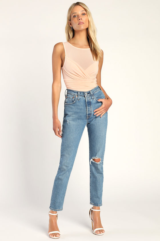 Blush Pink Bodysuit - Mesh Bodysuit Top - Gathered Mesh Bodysuit - Lulus