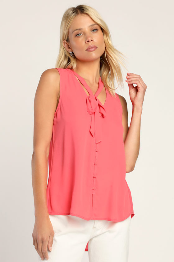 Coral Pink Sleeveless Top - Button-Up Top - Ivory Sleeveless Top - Lulus
