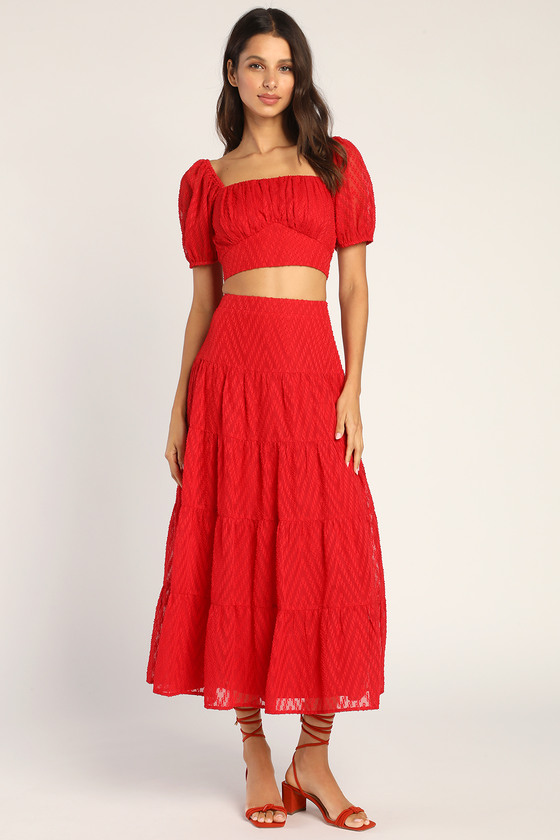 Red Midi Skirt Jacquard Midi Skirt Tiered Skirt Lulus