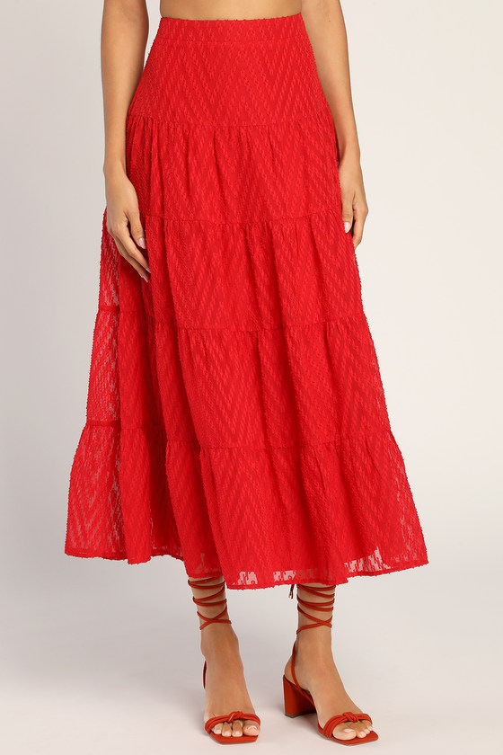 Red Midi Skirt Jacquard Midi Skirt Tiered Skirt Lulus