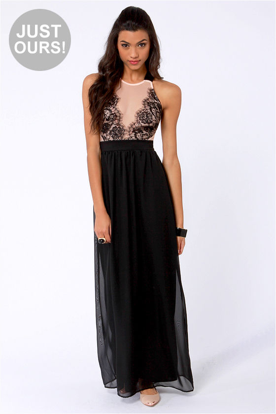 Sexy Peach and Black Dress - Lace Dress - Maxi Dress - Lulus