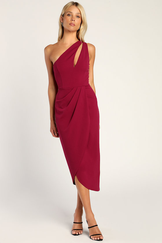 Magenta Midi Dress - One-Shoulder Dress - Asymmetrical Dress - Lulus